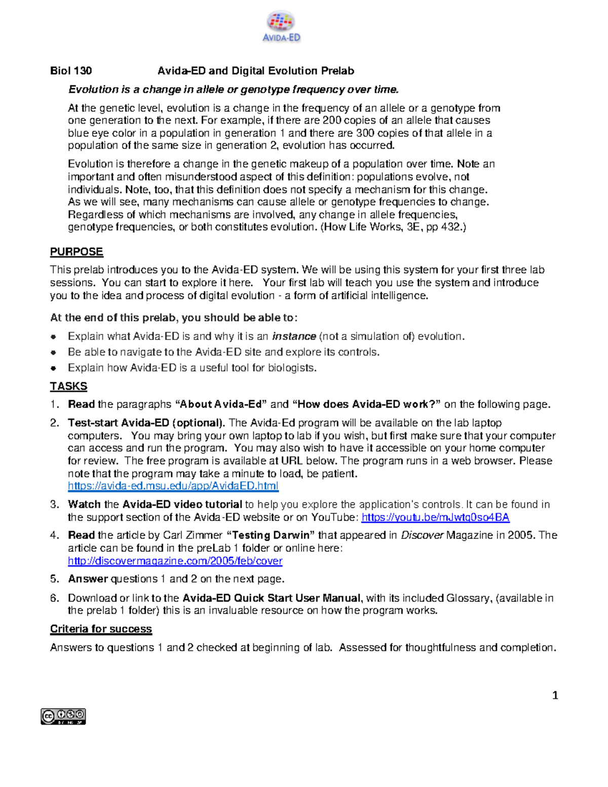 Avida-Ed Introduction Prelab 1 - 1 Biol 130 Avida-ED and Digital Evolution Prelab Evolution is a ...