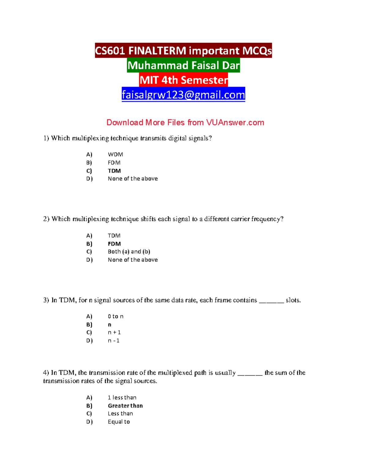 CS601 Final Behrooz AFeroozanmc Qs VUAnswer - CS601 FINALTERM important MCQs Muhammad Faisal Dar ...