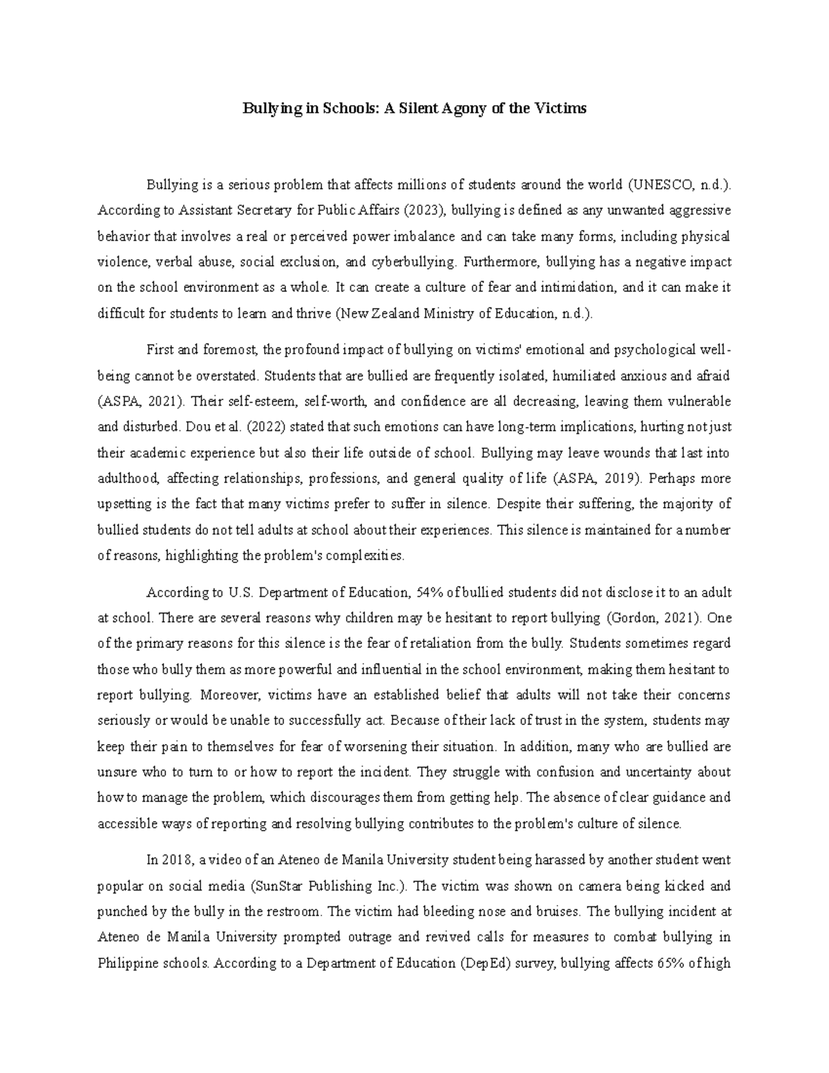 Module 18 Essay - Bullying in Schools: A Silent Agony of the Victims ...