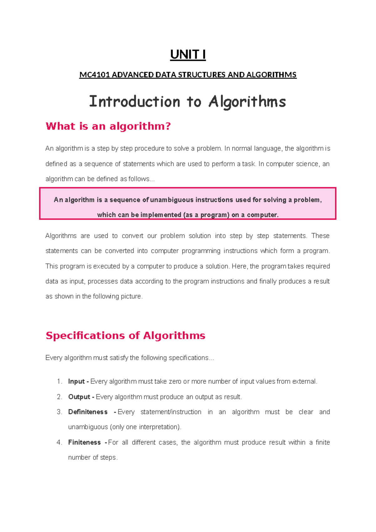 UNIT 1 ADS Chapter 1 - UNIT I MC4101 ADVANCED DATA STRUCTURES AND ALGORITHMS Introduction to ...