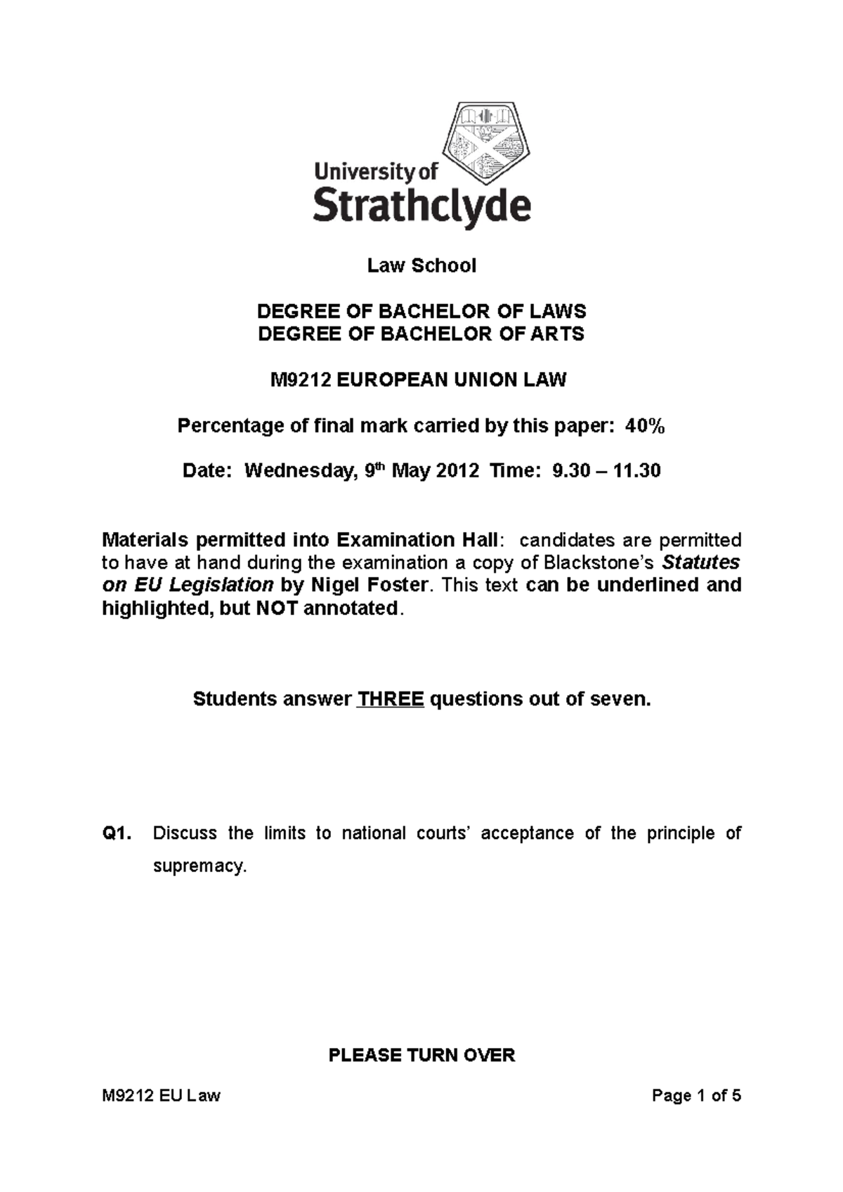Exam May 2012, questions - Law School DEGREE OF BACHELOR OF LAWS DEGREE ...