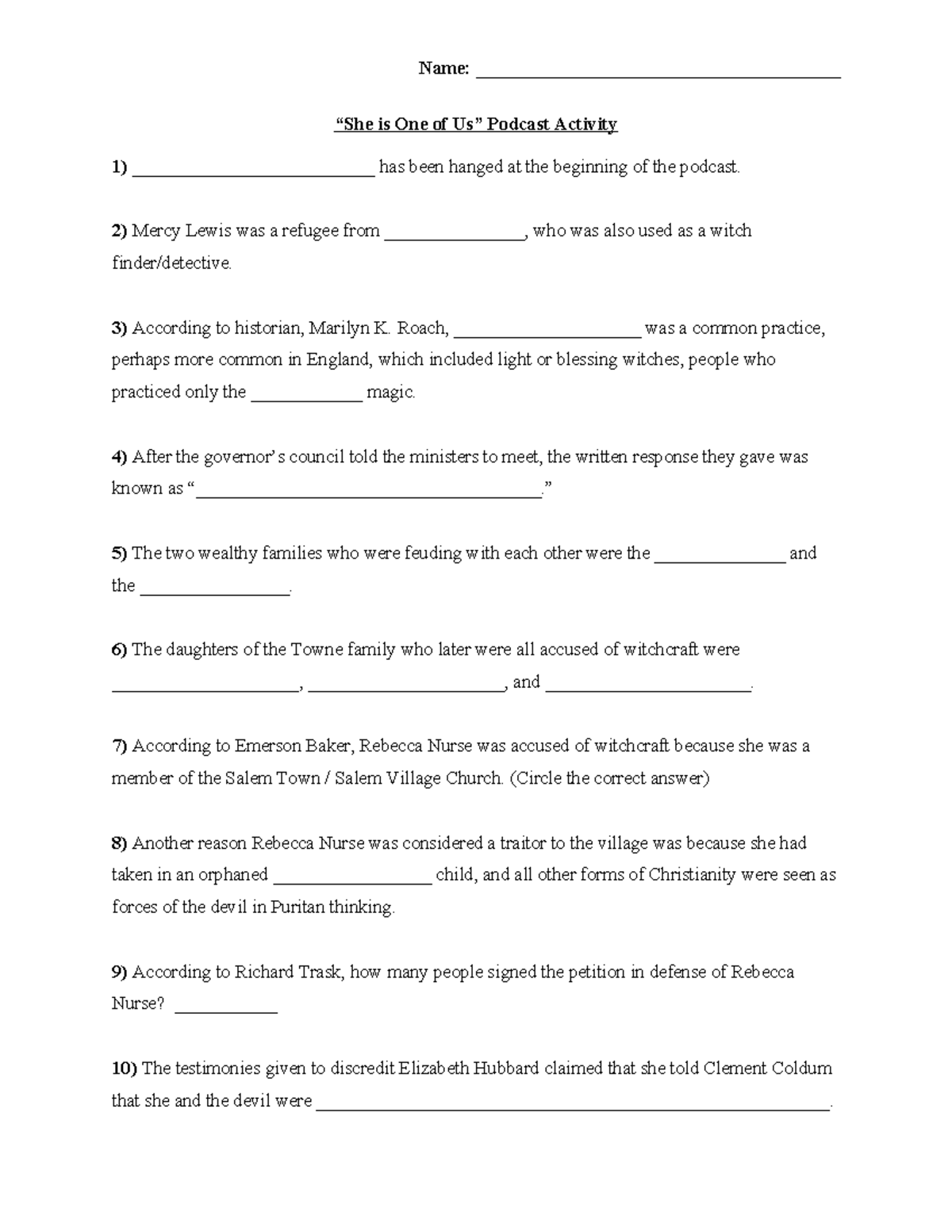 Unobscured Witch Trial Podcast worksheet - Name