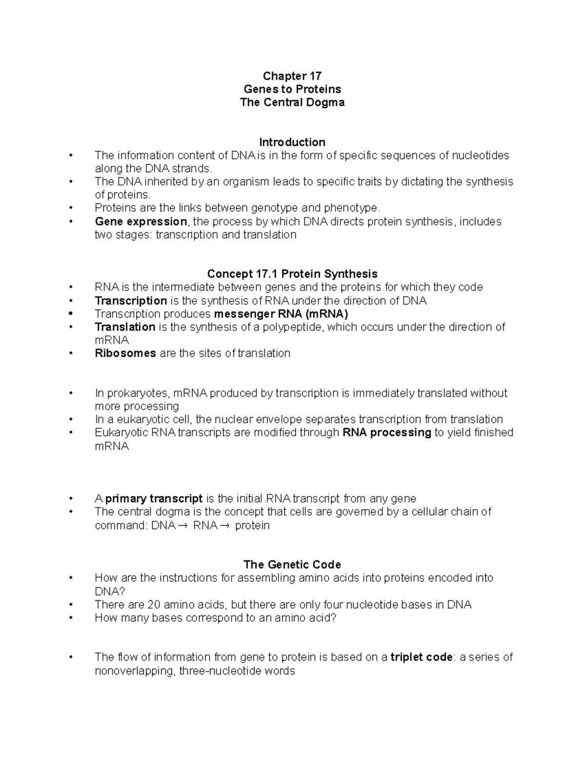 Biology I Chapter 17 - Chapter 17 Genes to Proteins The Central Dogma ...