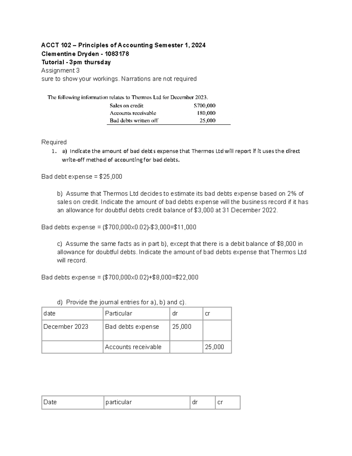 ACCT 102 assessment 3 - ACCT 102 – Principles of Accounting Semester 1 ...