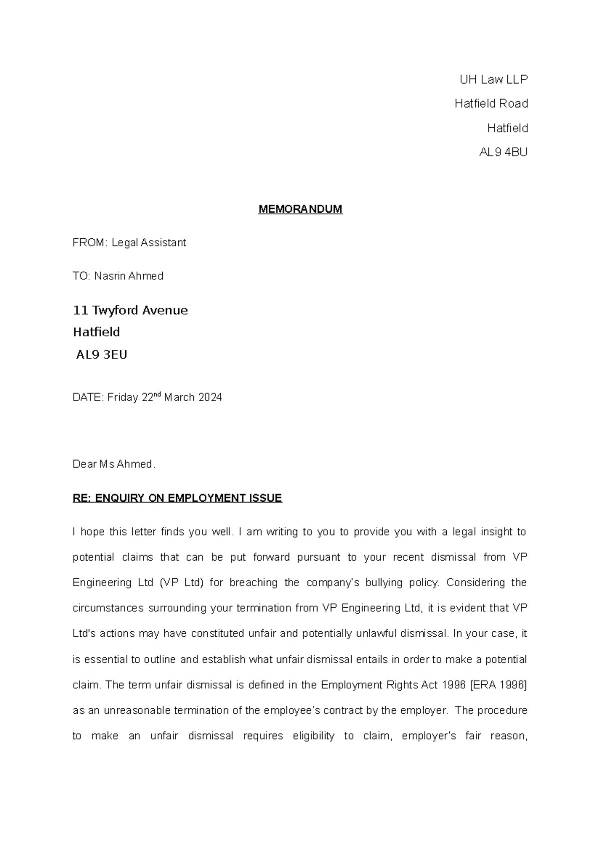 Employment law letter 21069443 - UH Law LLP Hatfield Road Hatfield AL9 ...