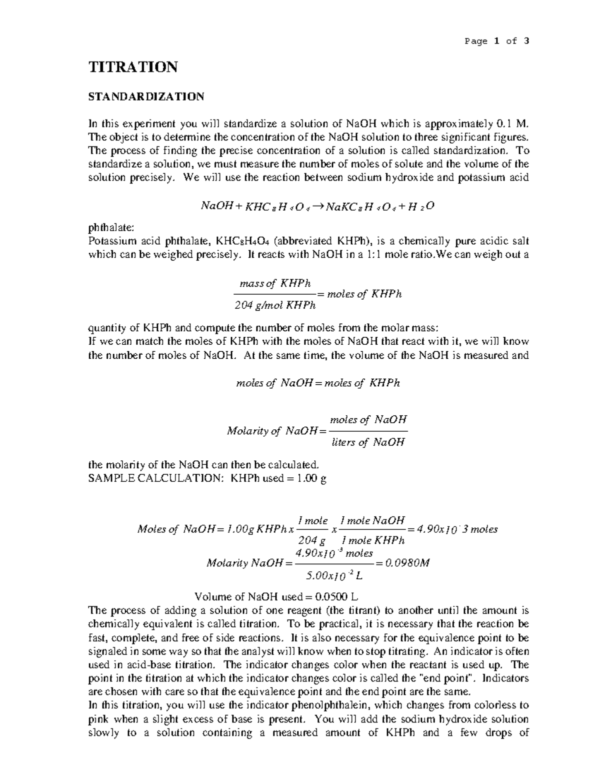 7. Titration Lab Part 1-1 - Page 1 of 3 TITRATION STANDARDIZATION In this experiment you will ...