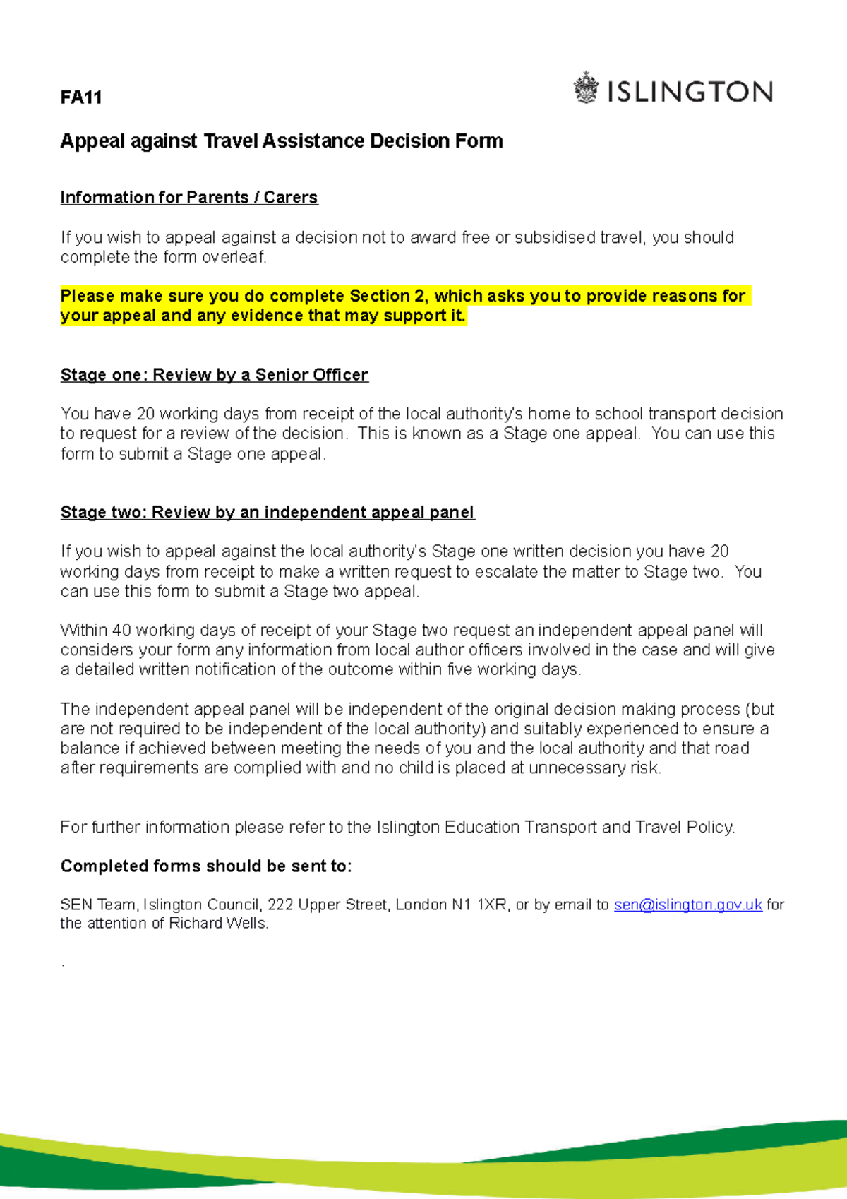 FA11 Travel Assistance Appeals Form - FA Appeal against Travel ...