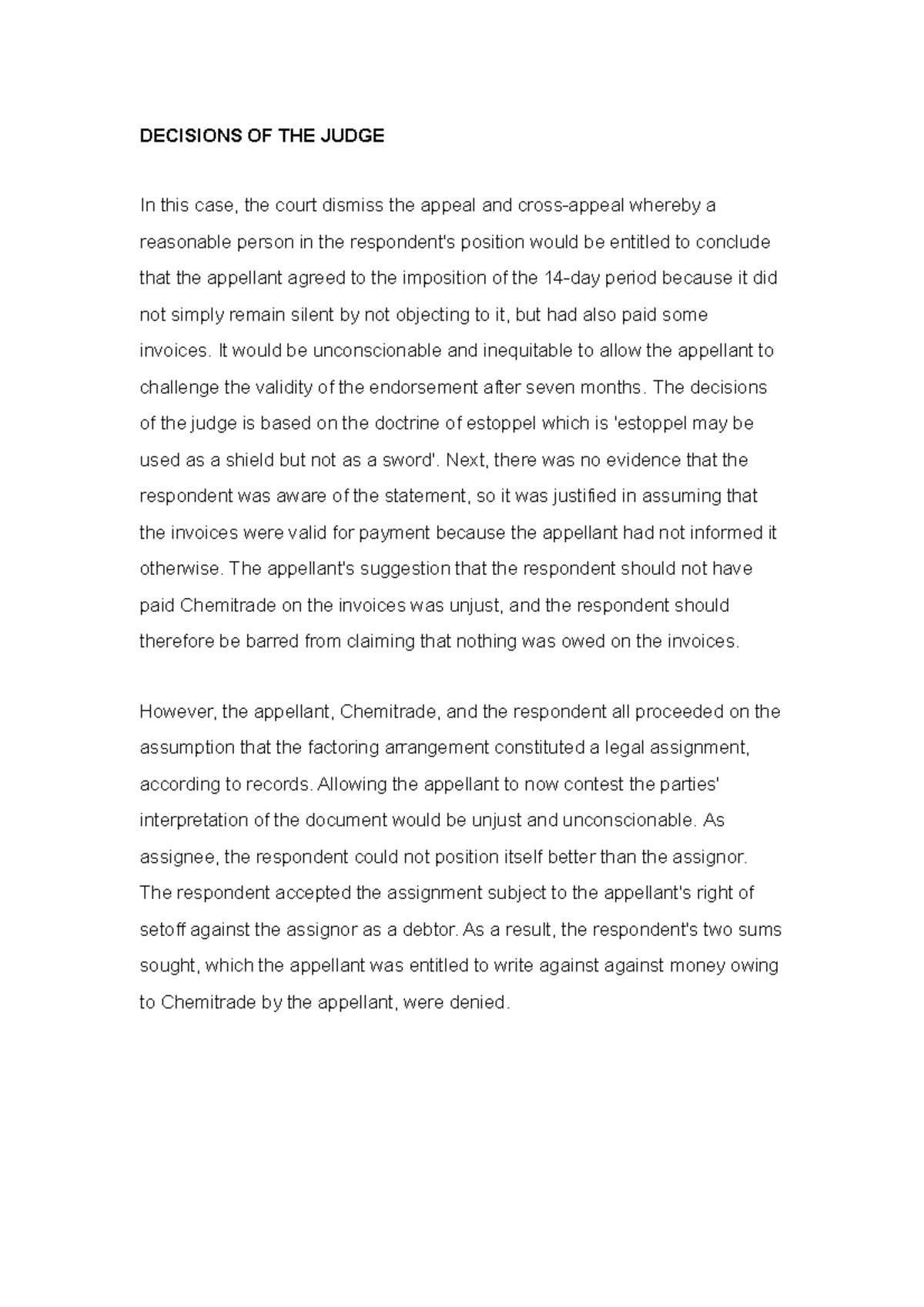 Decisions OF THE Court AND Ratio Decidendi - DECISIONS OF THE JUDGE In ...