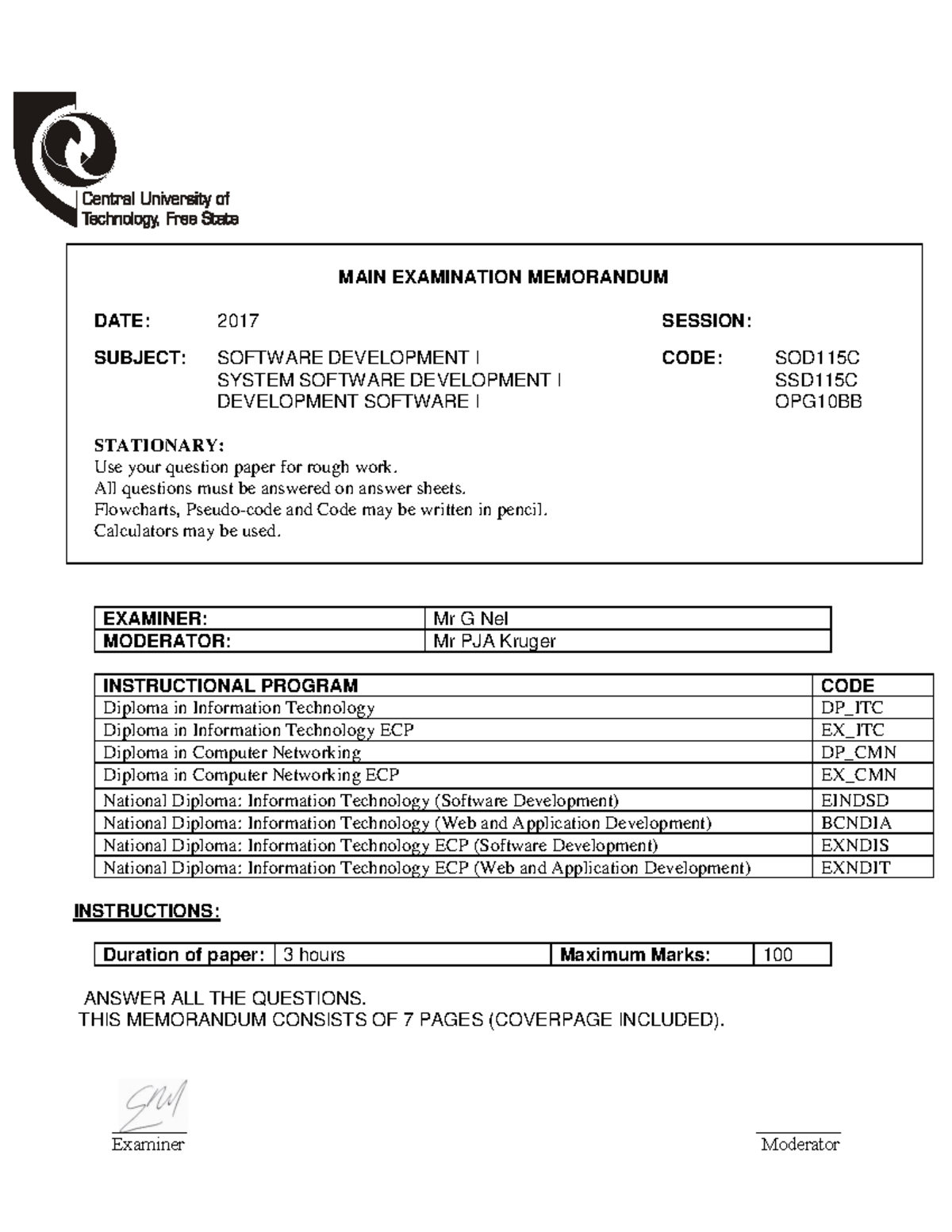 2017 SOD115C M-Exam Memo - ________ _________ MAIN EXAMINATION ...