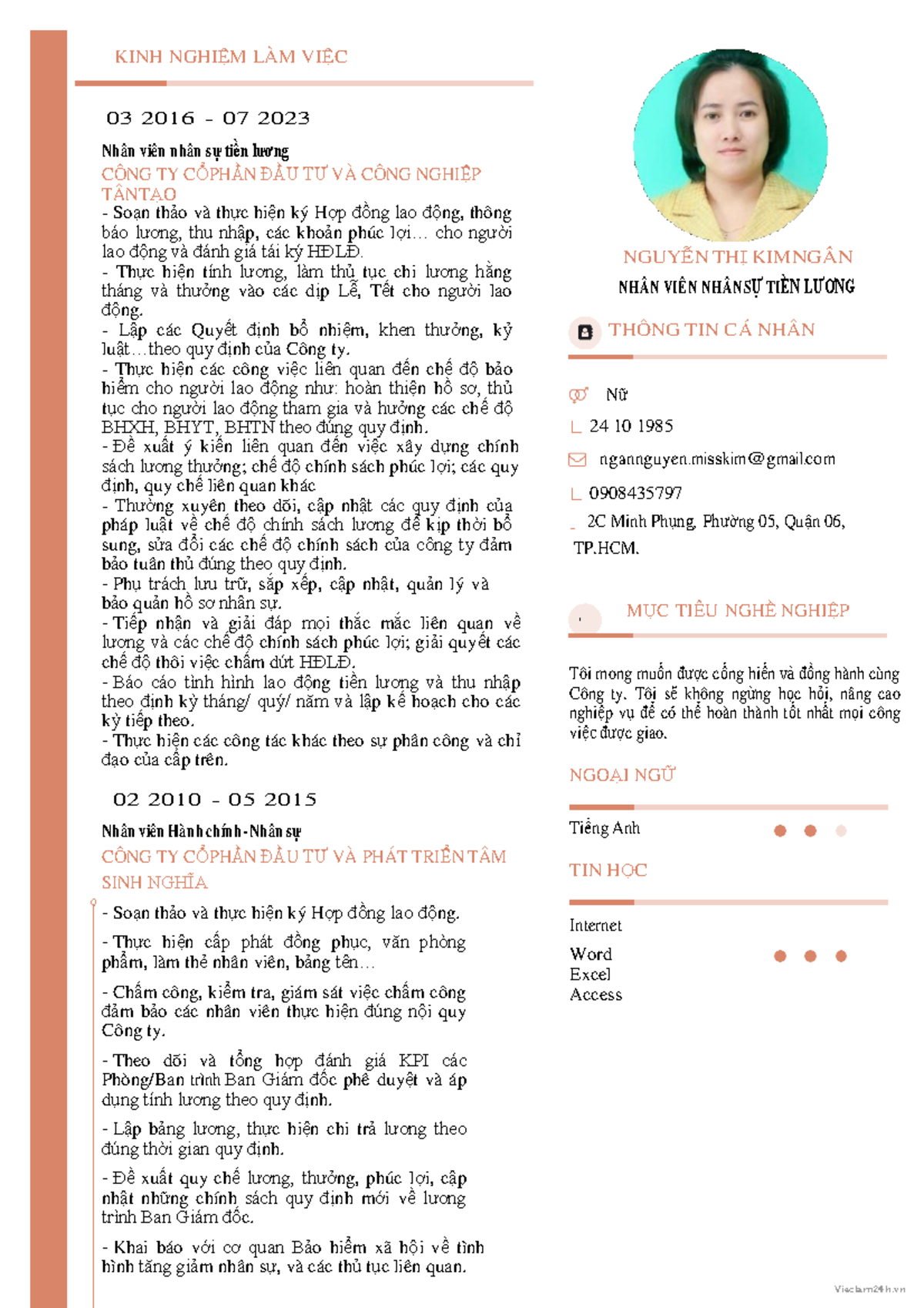 Nguyen THI KIM NGAN - NHAN VIEN NHAN SU TIEN Luong - Vieclam24h KINH NGHIỆM LÀM VIỆC 03 2016 ...