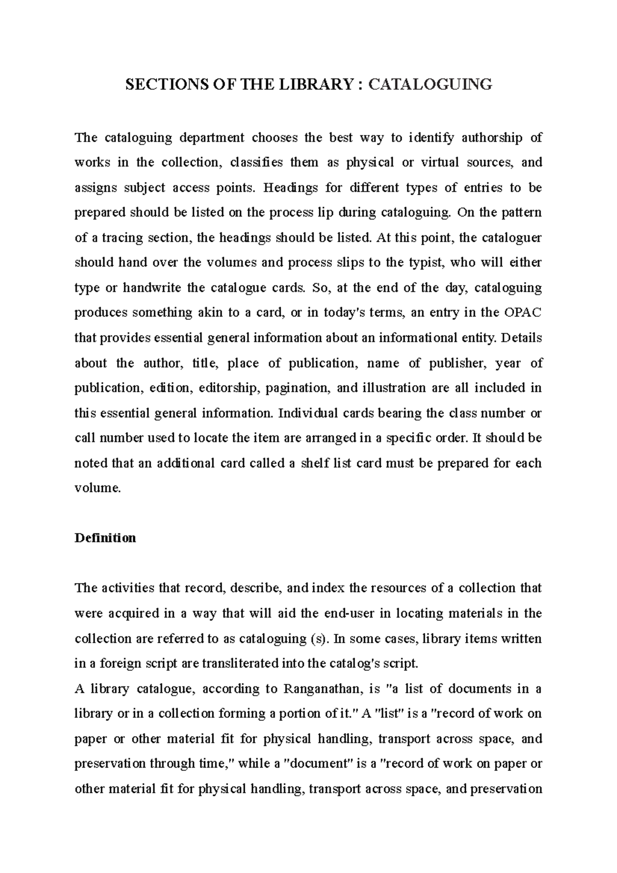 Sections OF THE Library - Cataloguing - SECTIONS OF THE LIBRARY ...