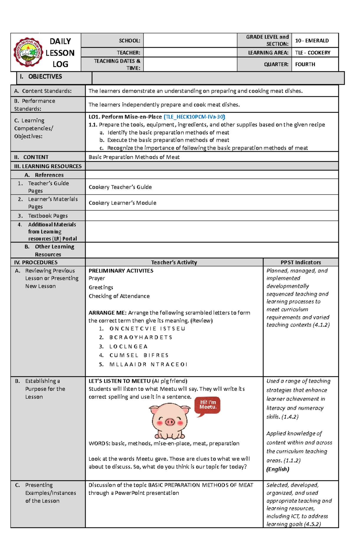 DLL CO2 Jeshagere - Class observation - DAILY LESSON LOG SCHOOL: GRADE LEVEL andSECTION: 10 ...