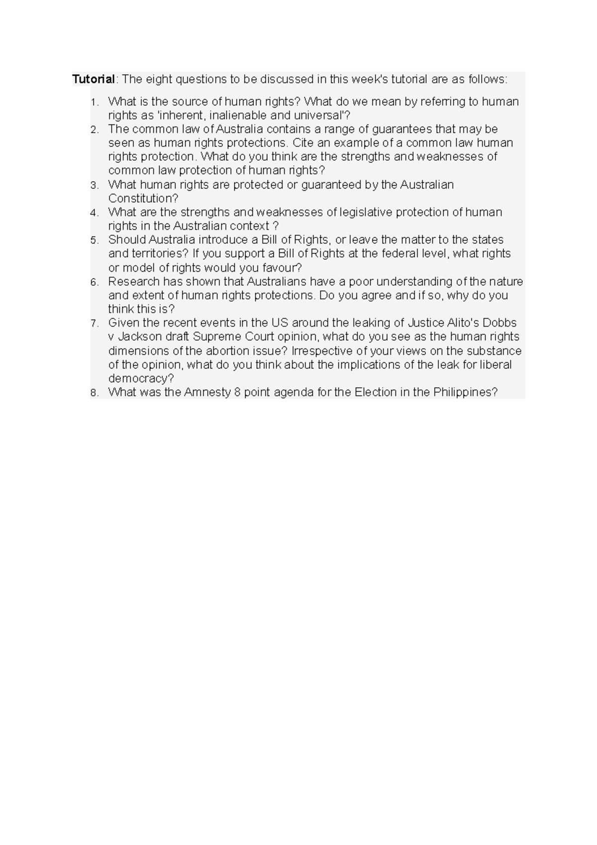 Context 9 - Tutorial : The eight questions to be discussed in this week ...