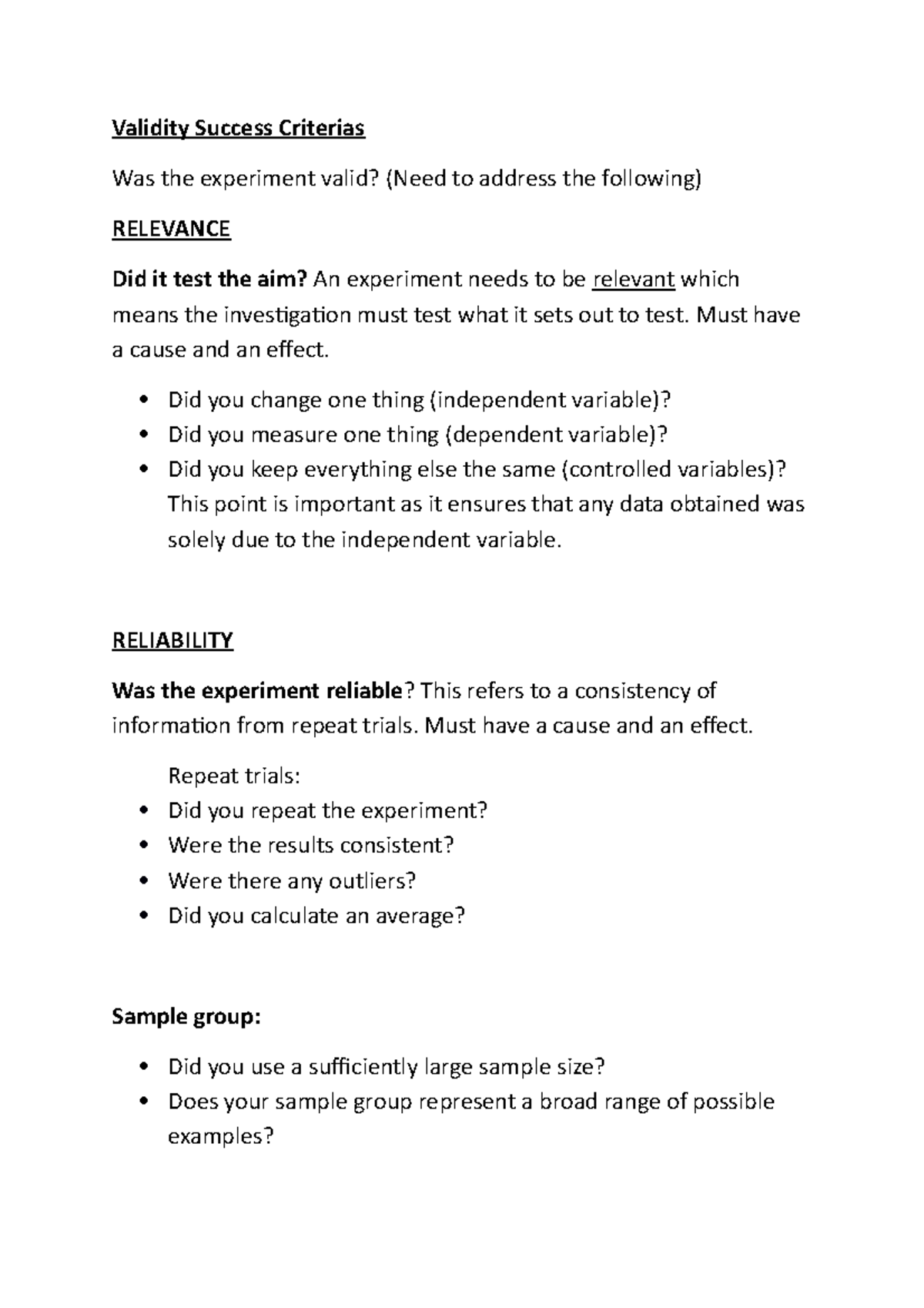 Validity Success Criterias 1 - Validity Success Criterias Was the ...