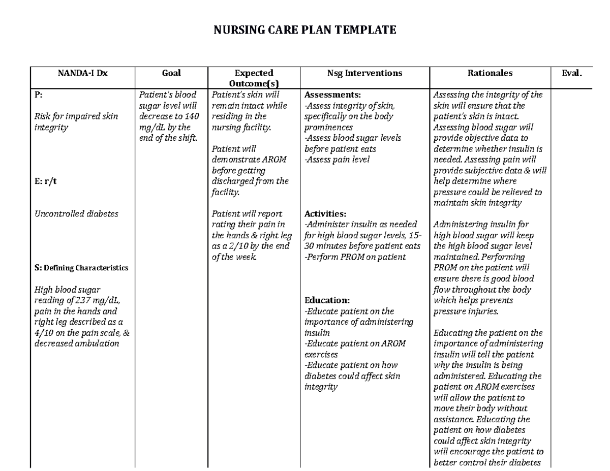 Care Plan 3 - care plan - NURSING CARE PLAN TEMPLATE NANDA-I Dx Goal ...