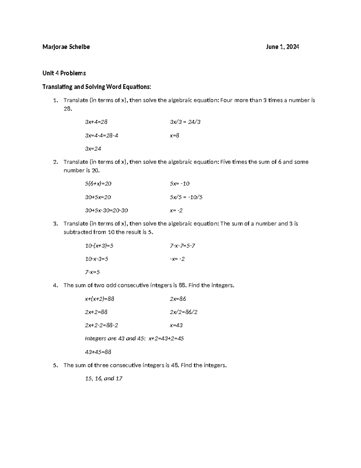 Herzing University Unit 4: Translating and Solving Word Equations: unit ...