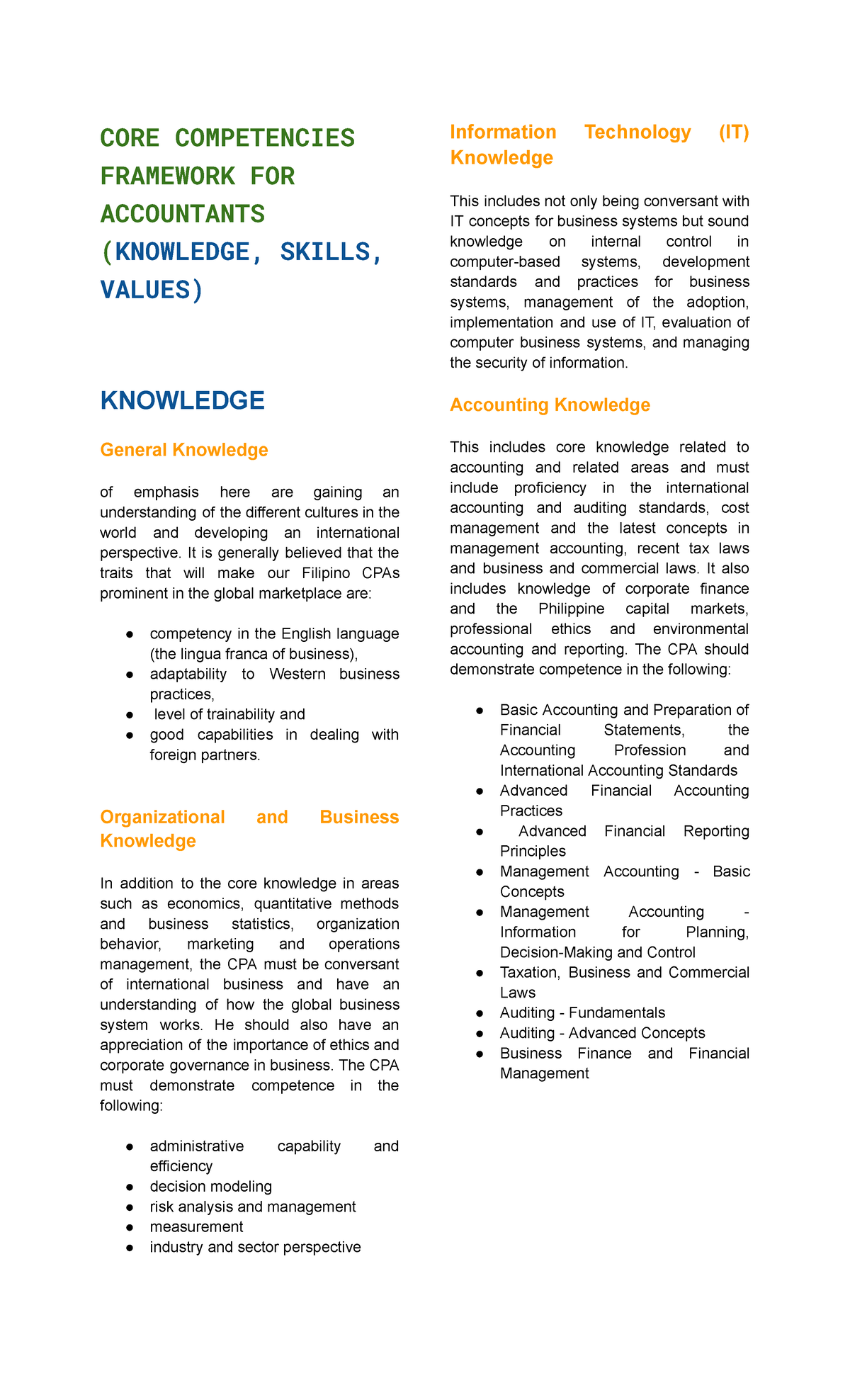 Accounting 101 - CORE COMPETENCIES FRAMEWORK FOR ACCOUNTANTS (KNOWLEDGE ...