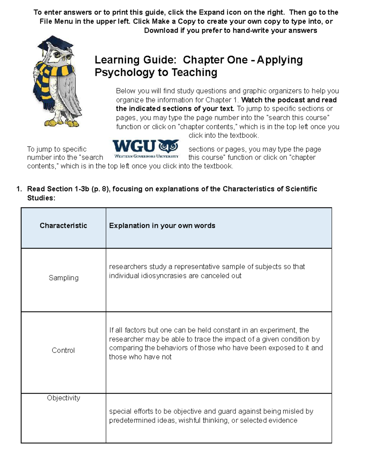 Chapter 1 Learning Guide study guide - To enter answers or to print ...
