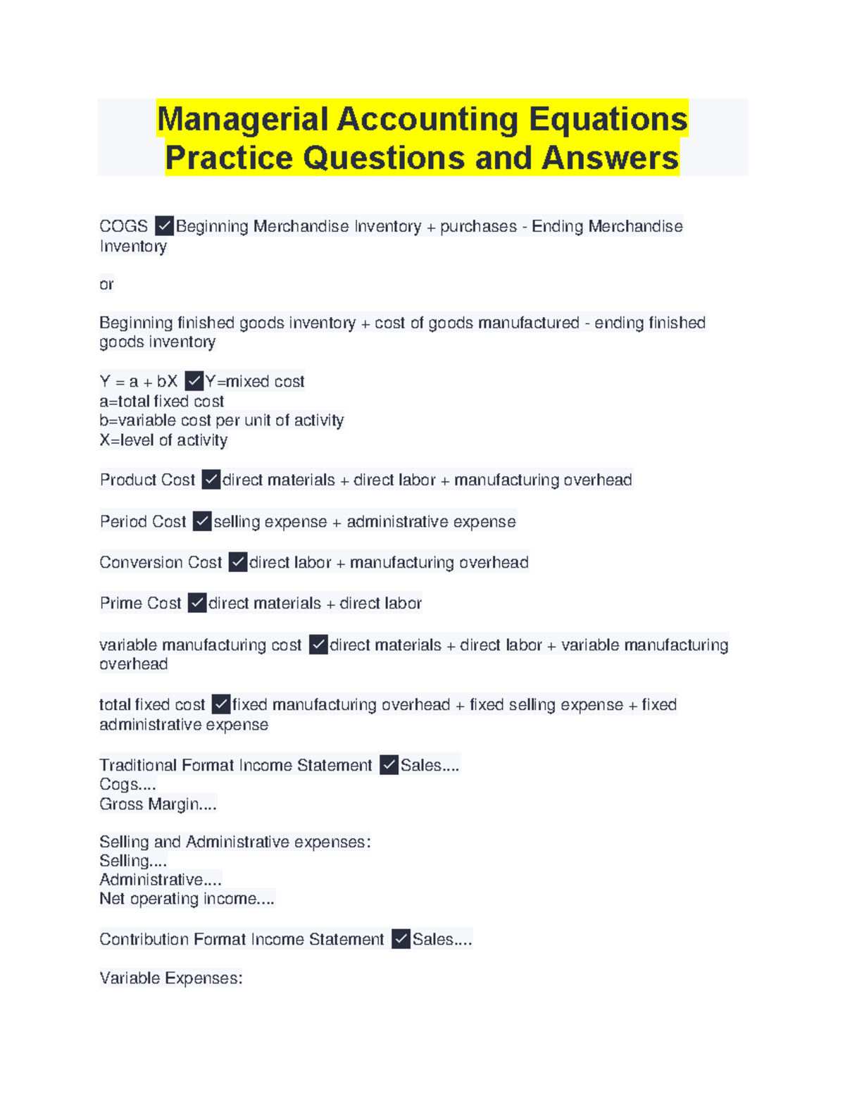 Managerial Accounting Equations Practice Questions and Answers - Managerial Accounting Equations ...