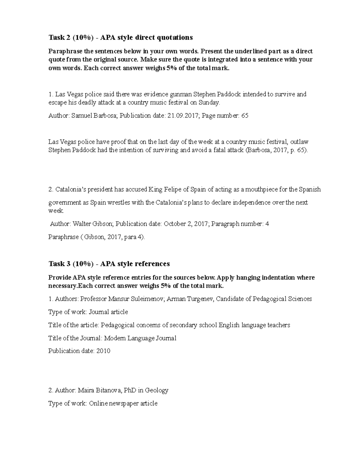 Task 2 (10%) - APA style direct quotations - Academic Reading and ...