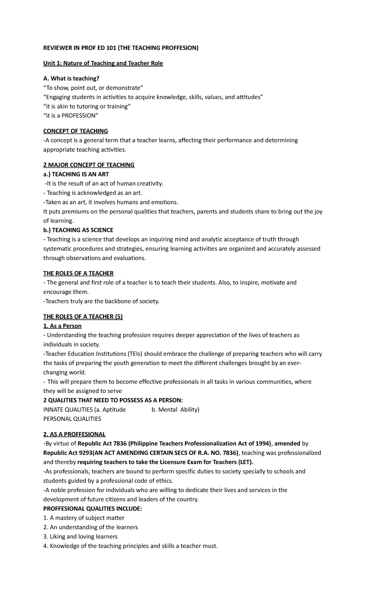 Reviewer IN PROF ED 101 units 1 2 - REVIEWER IN PROF ED 101 (THE ...