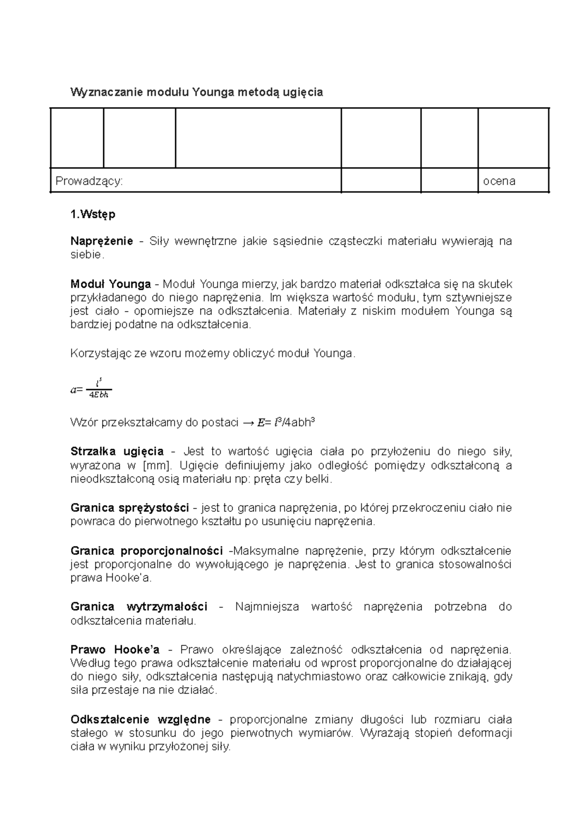 Young - sprawozdanie - Wyznaczanie modułu Younga metodą ugięcia ...