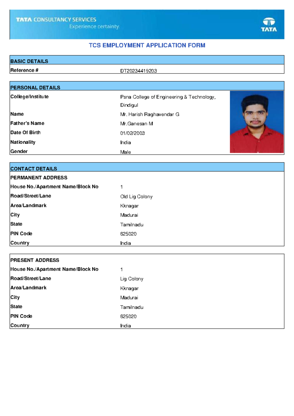 DT20234419203 Application - TCS EMPLOYMENT APPLICATION FORM BASIC ...