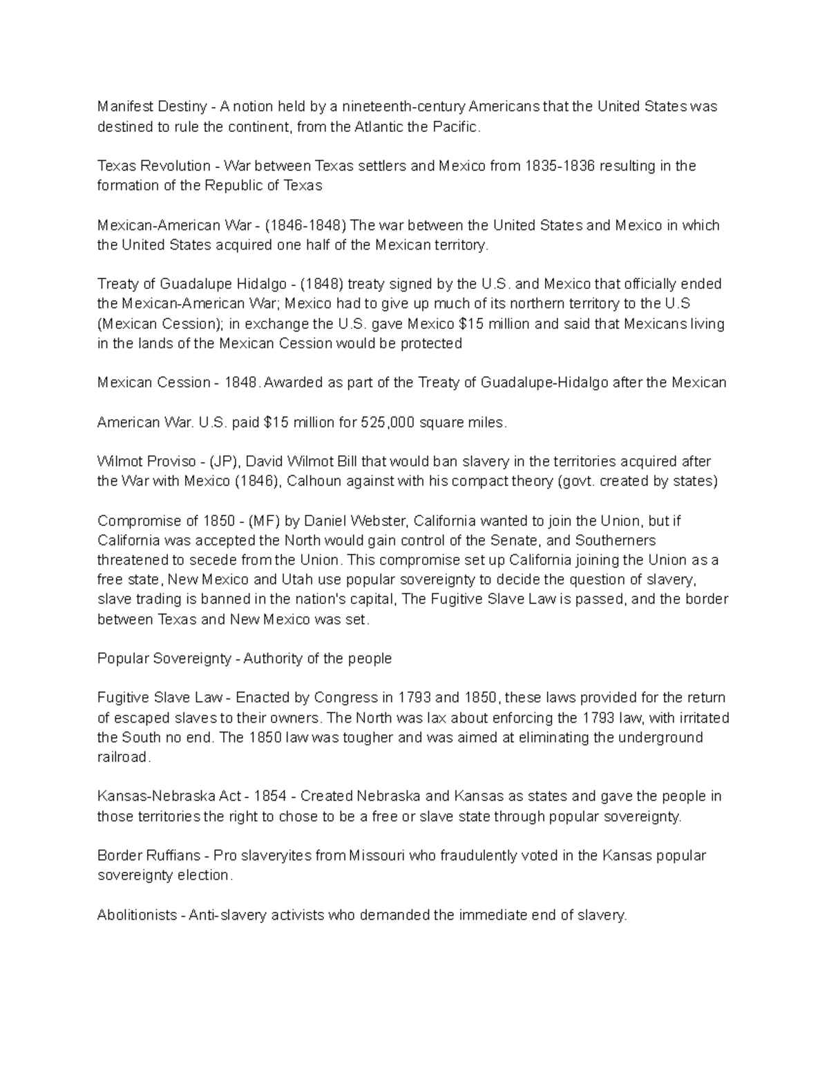 1844-1877 US History Key Vocabulary Terms - Manifest Destiny - A notion ...