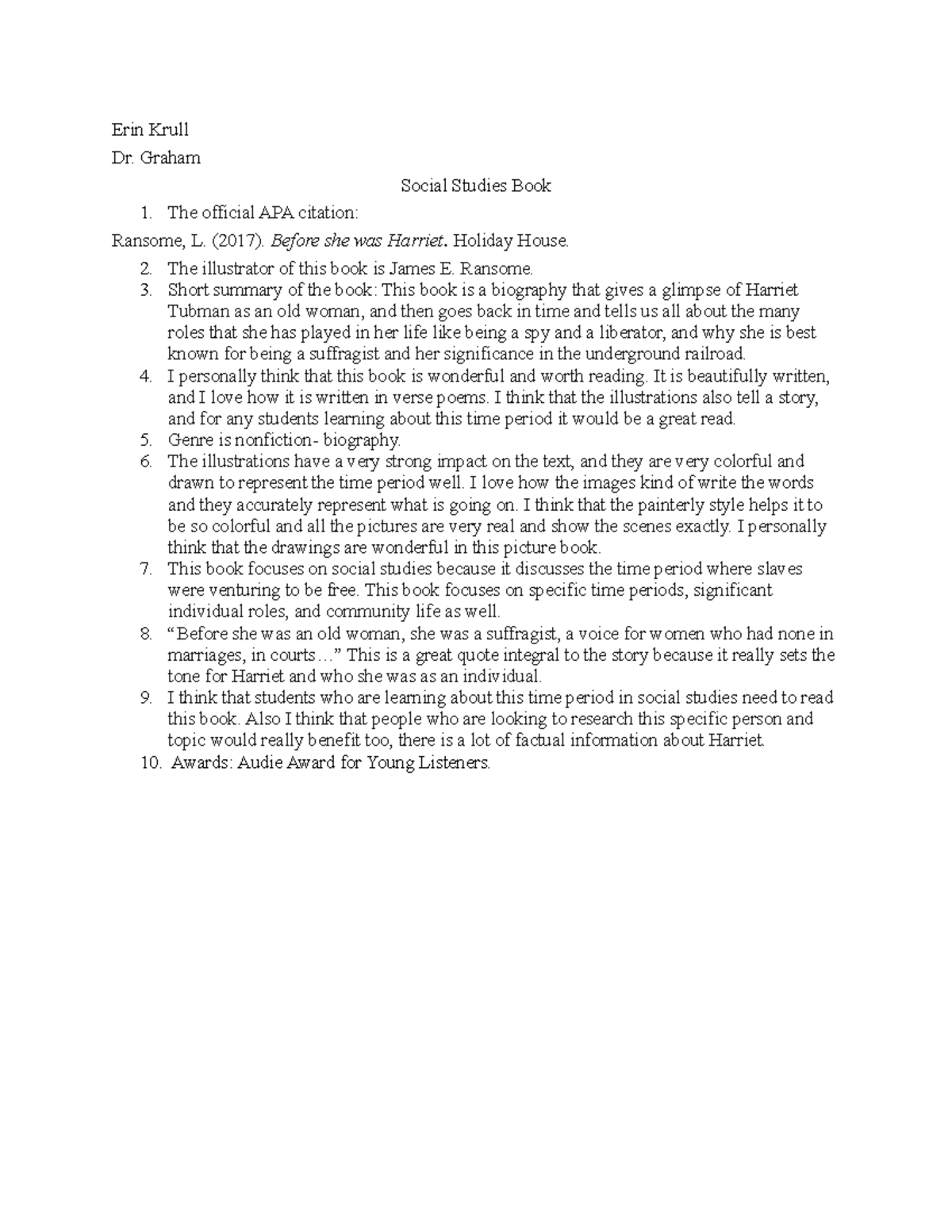 Social studies book - assignment - Erin Krull Dr. Graham Social Studies ...
