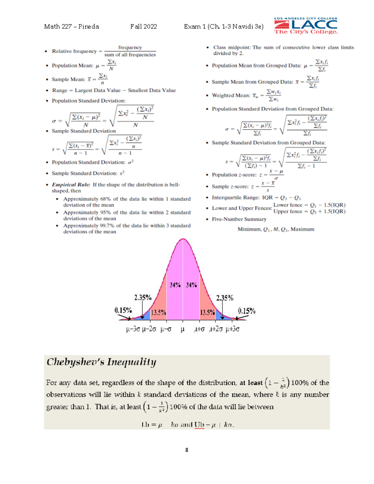 Exam 1 Formula Sheet - MATH 227 - Math 227 – Pineda Fall 2022 Exam 1 ...