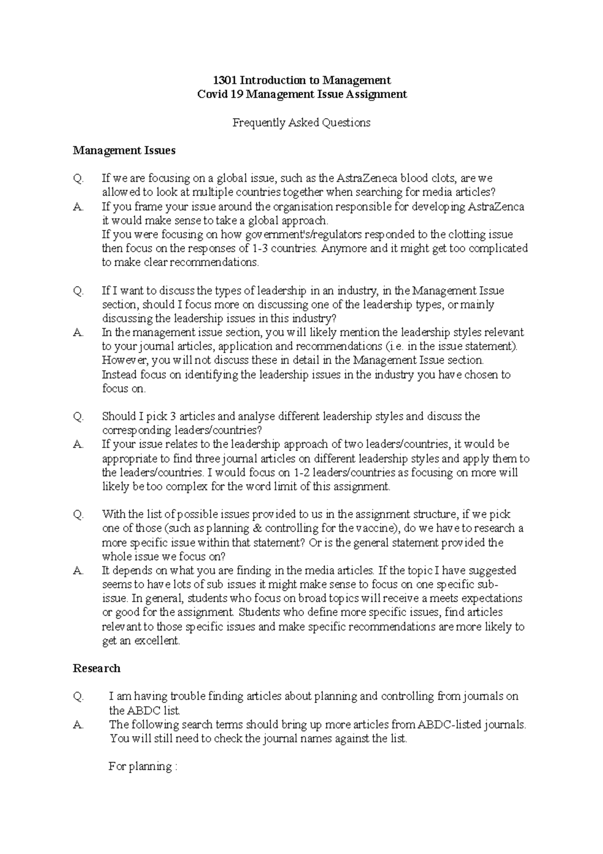 MGTS1301 COVID Management Assignment FAQ - 1301 Introduction to ...