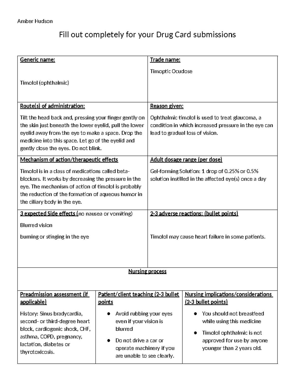 Timolol (ophthalmic) Drug Card - Amber Hudson Fill out completely for ...