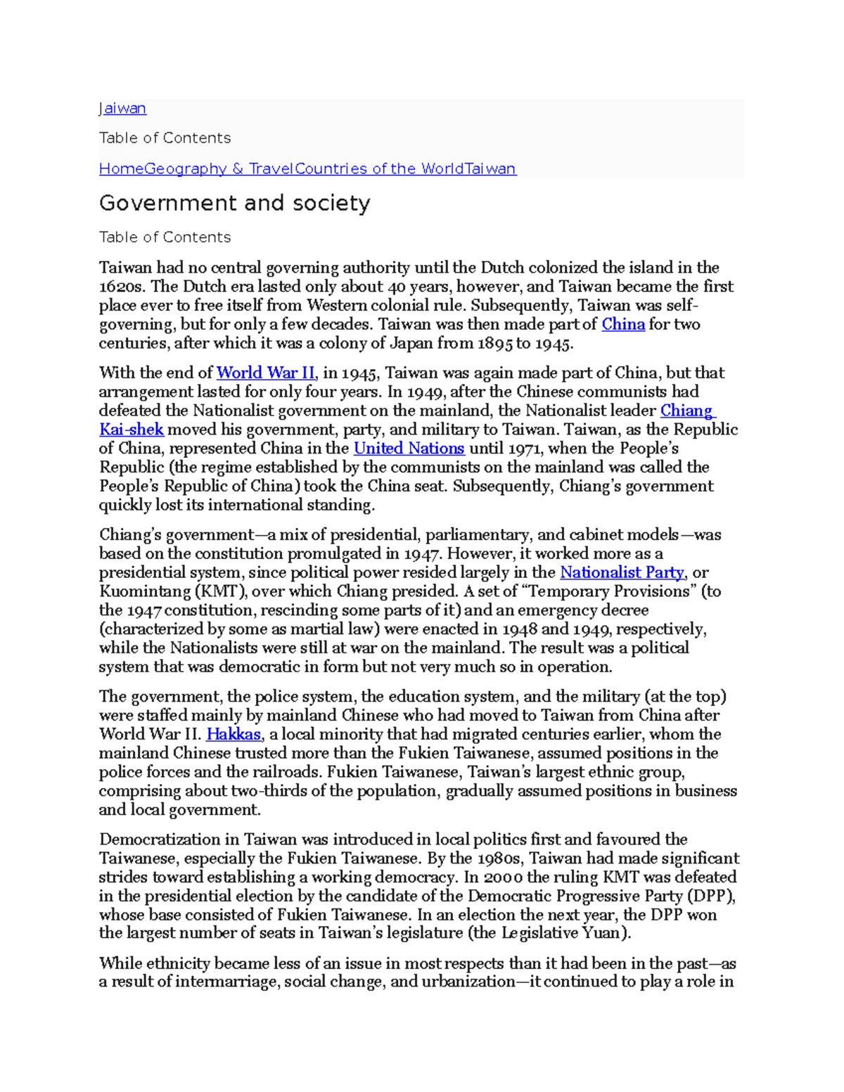Taiwan - My assignment - Jaiwan Table of Contents HomeGeography ...