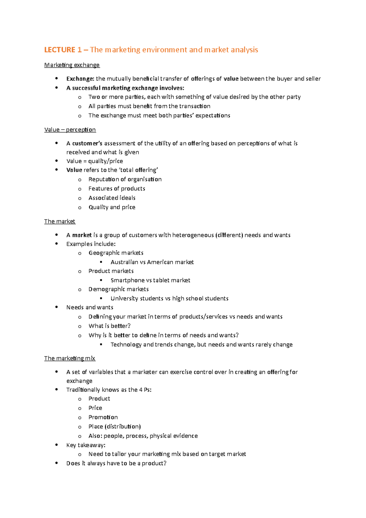 Marketing notes - Brief summary of lectures - LECTURE 1 – The marketing ...