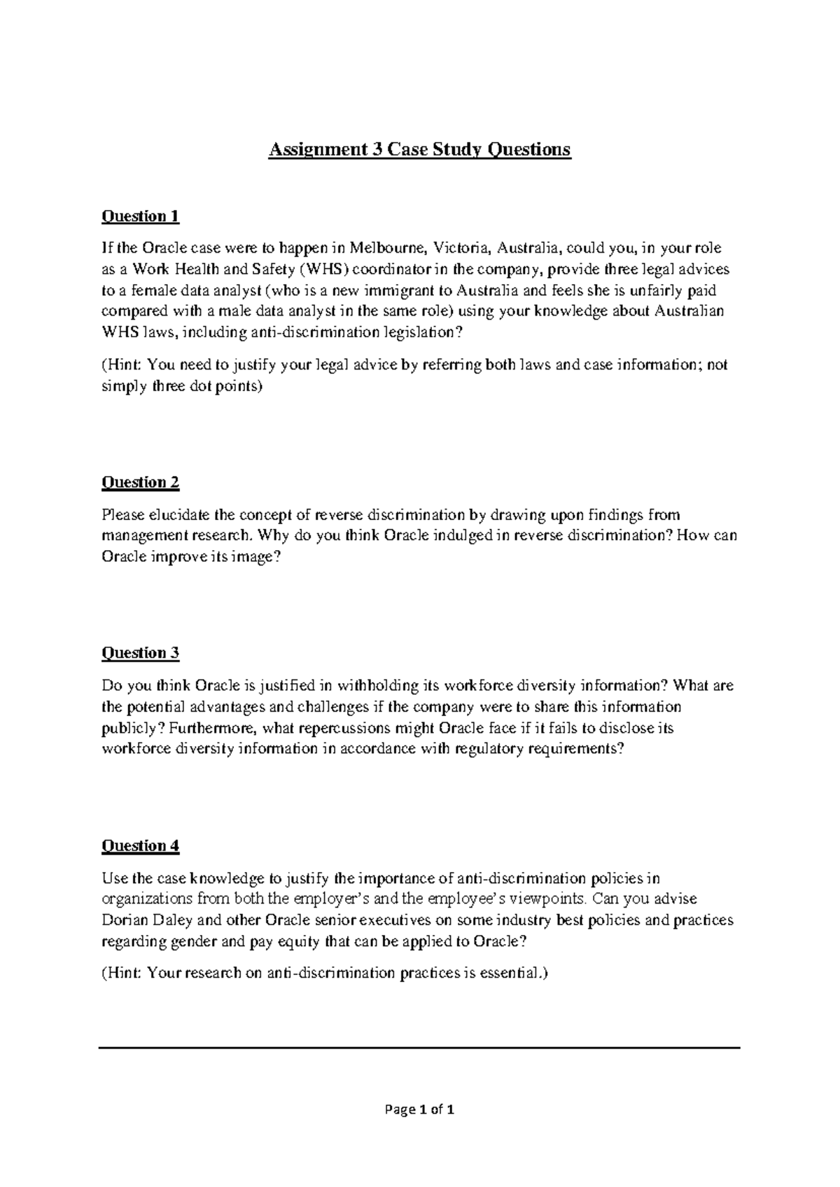 Assignment 3 | Individual Case Study - Page 1 of 1 Assignment 3 Case ...