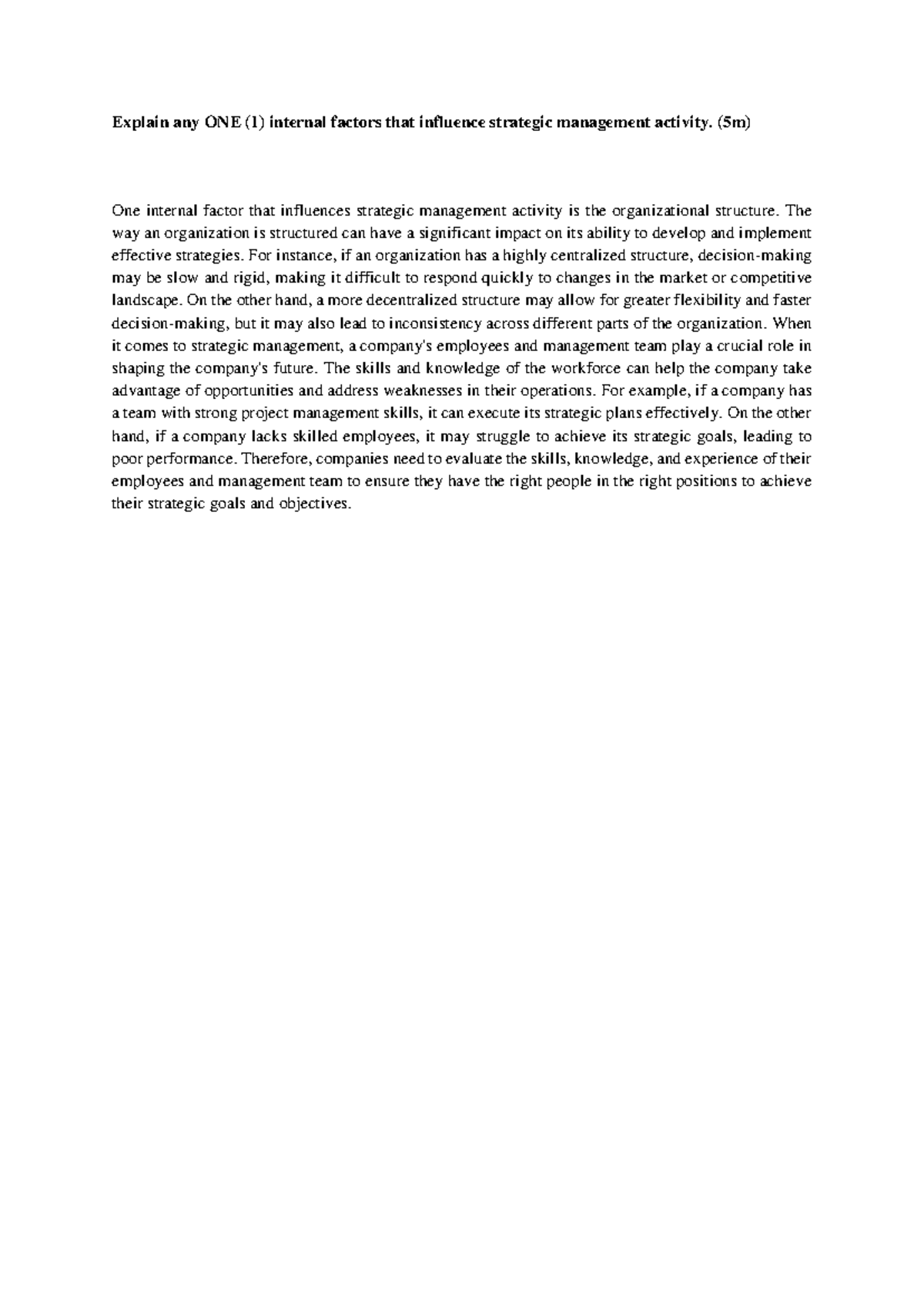 ADM352 Tutorial (WEEK 5) - Explain any ONE (1) internal factors that ...