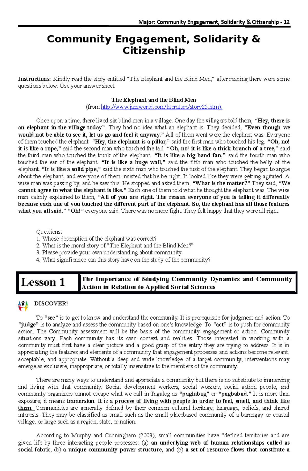 Module 1 - Major: Community Engagement, Solidarity & Citizenship - 12 ...