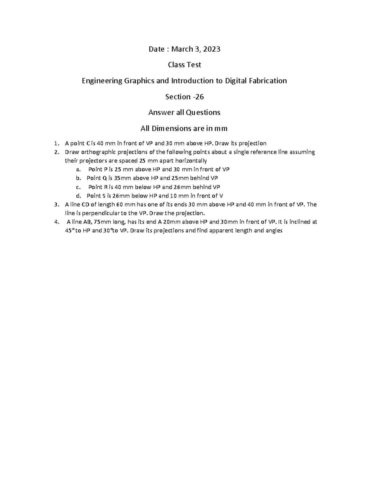 Engineering graphics practice question - Date : March 3, 2023 Class ...