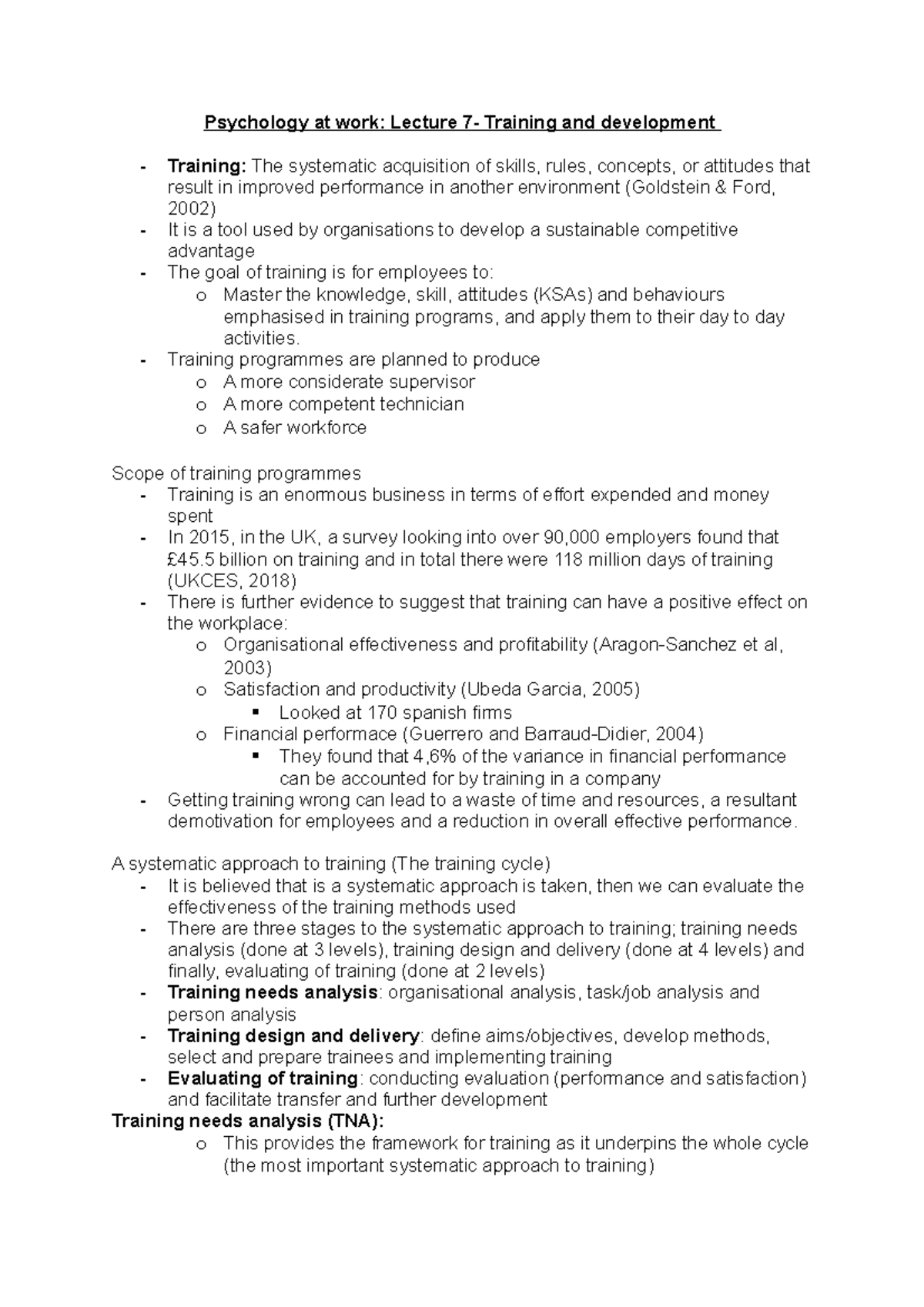 Psychology at work- lecture 7 - Psychology at work: Lecture 7- Training ...