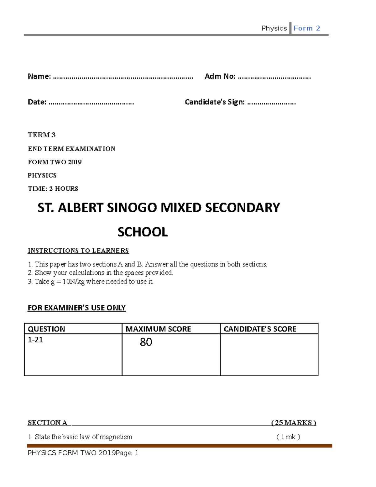 Physics FORM 2 - assignment and short quizes - Name: - Studocu
