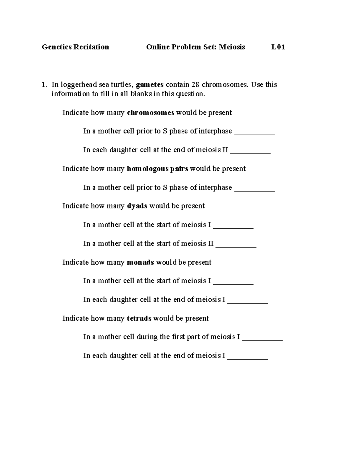 2 Meiosis L01 Online - practice - Genetics Recitation Online Problem ...