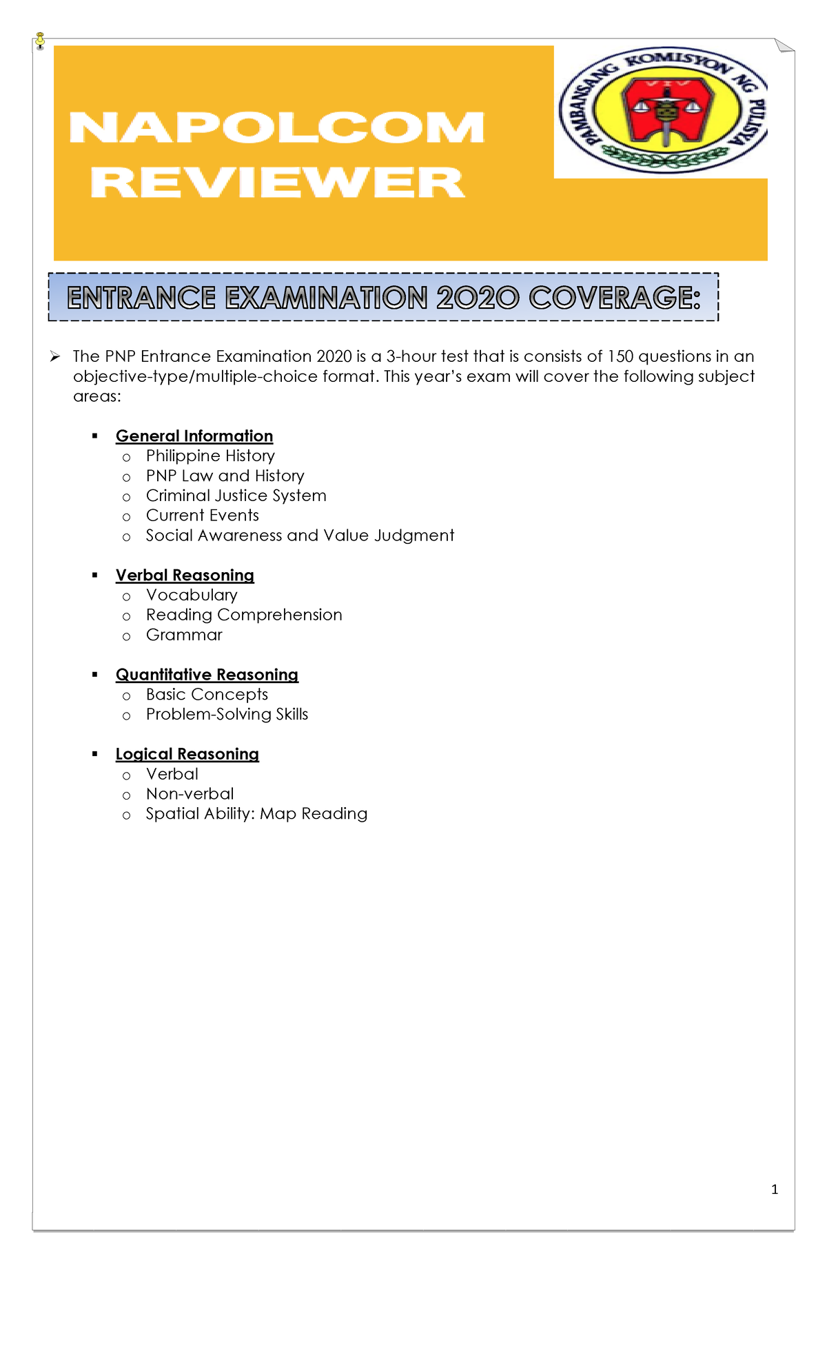 Napolcom Reviewer 2020 - The PNP Entrance Examination 2020 is a 3-hour ...