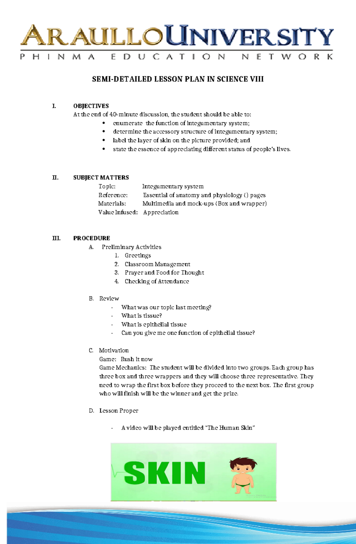 Lesson Plan in Integumentary - SEMI-DETAILED LESSON PLAN IN SCIENCE ...