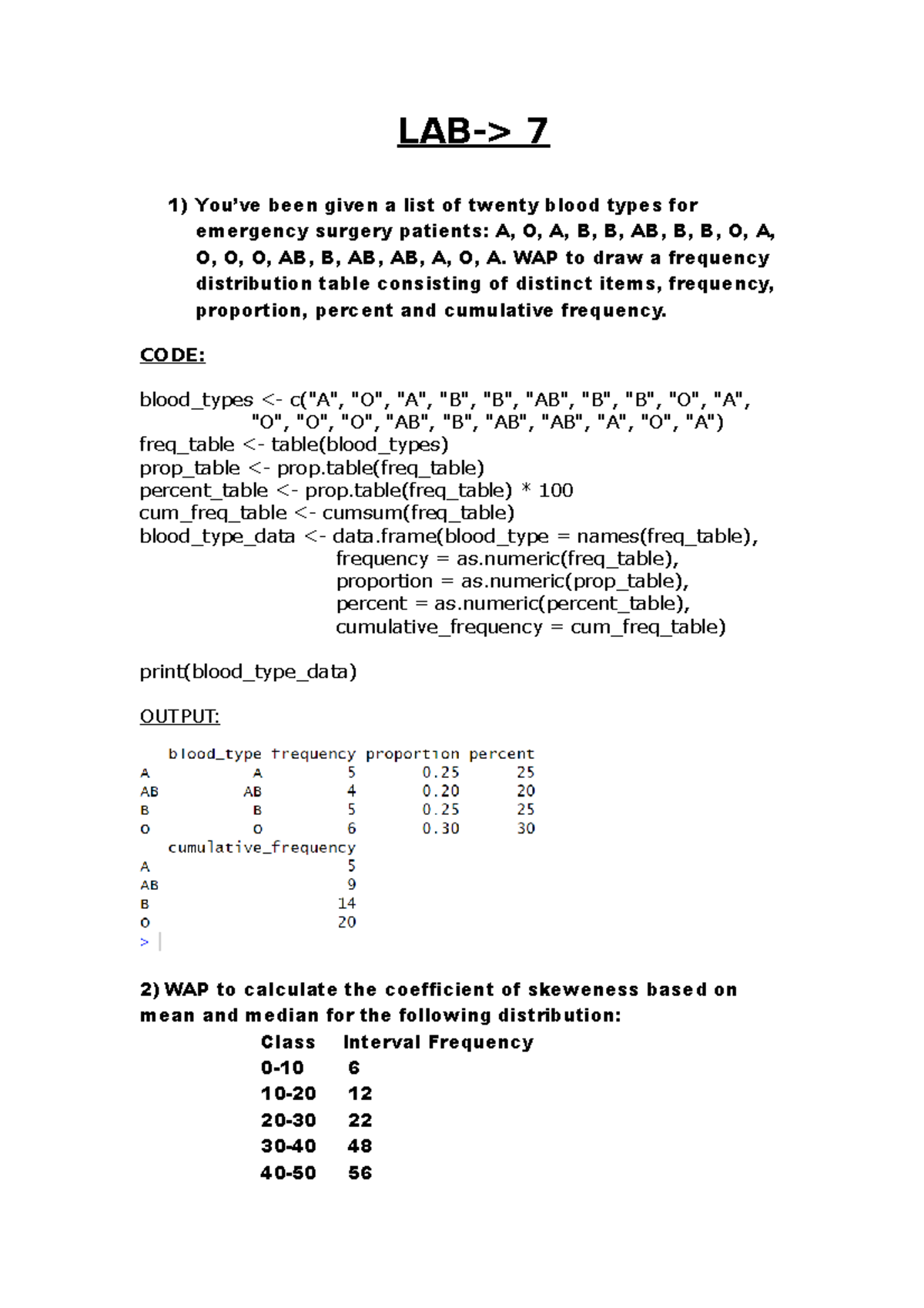DA LAB7 - DA lab - LAB-> 7 You’ve been given a list of twenty blood types for emergency surgery ...