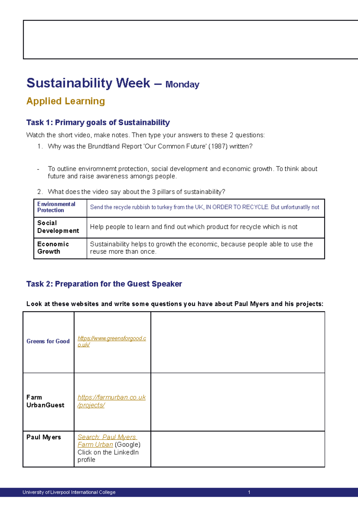 What is Sustainability Student Handout - Sustainability Week – Monday ...
