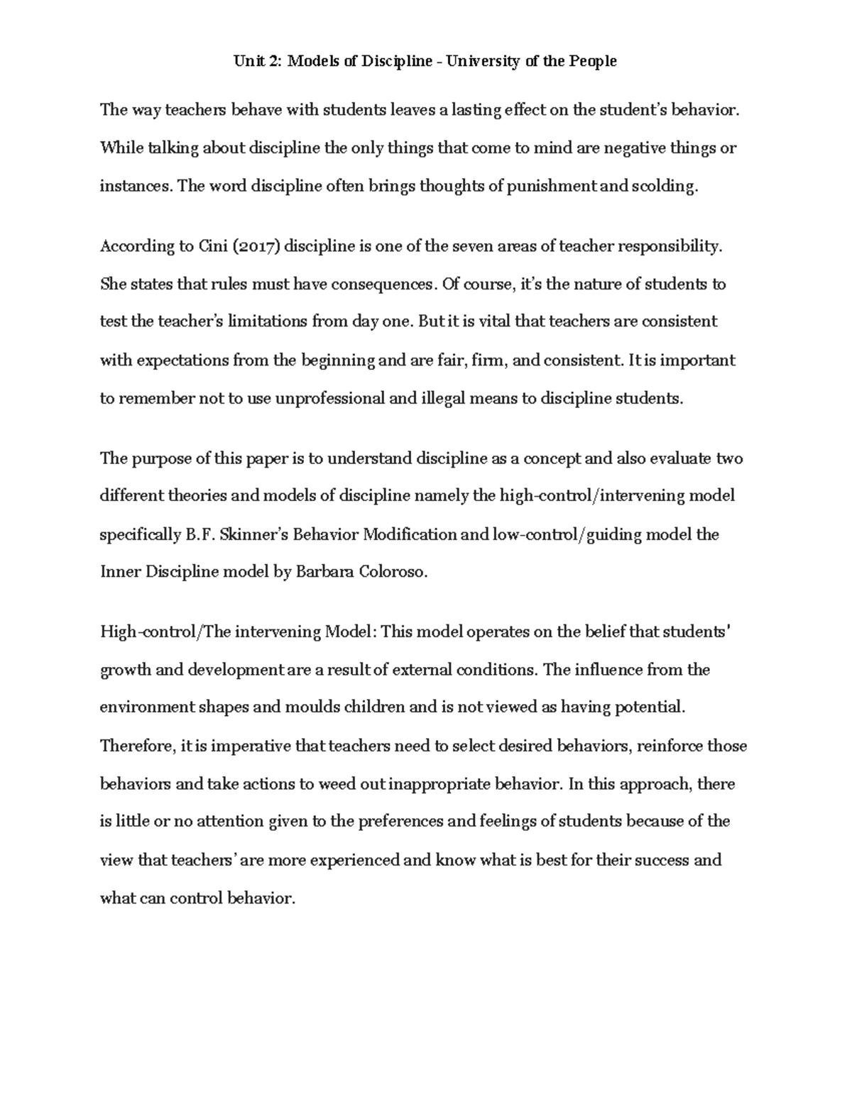 EDUC 5240 Assignment 2 Models of Discipline - The way teachers behave ...