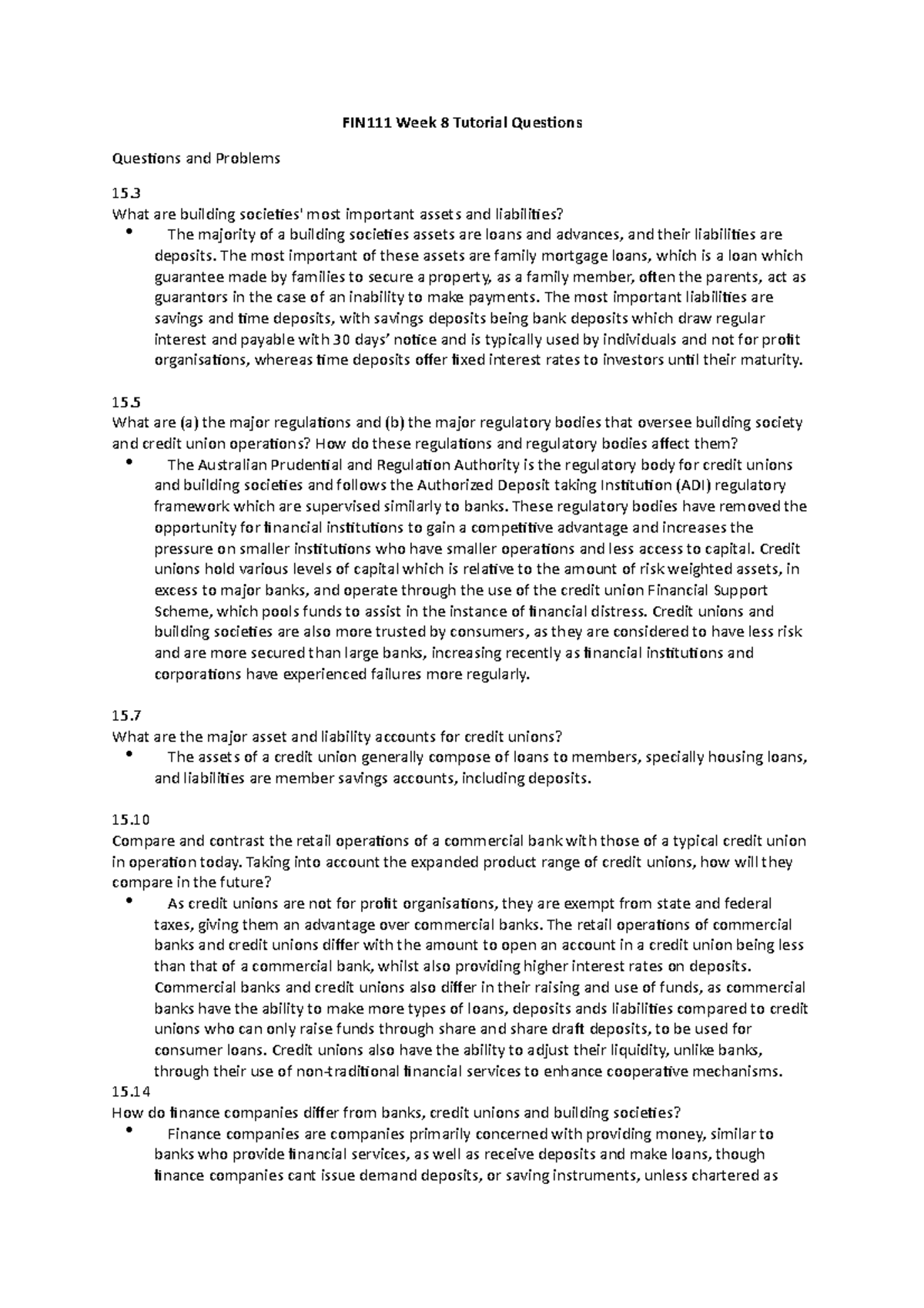 FIN111 Week 8 Tutorial Questions - FIN111 Week 8 Tutorial Questions ...