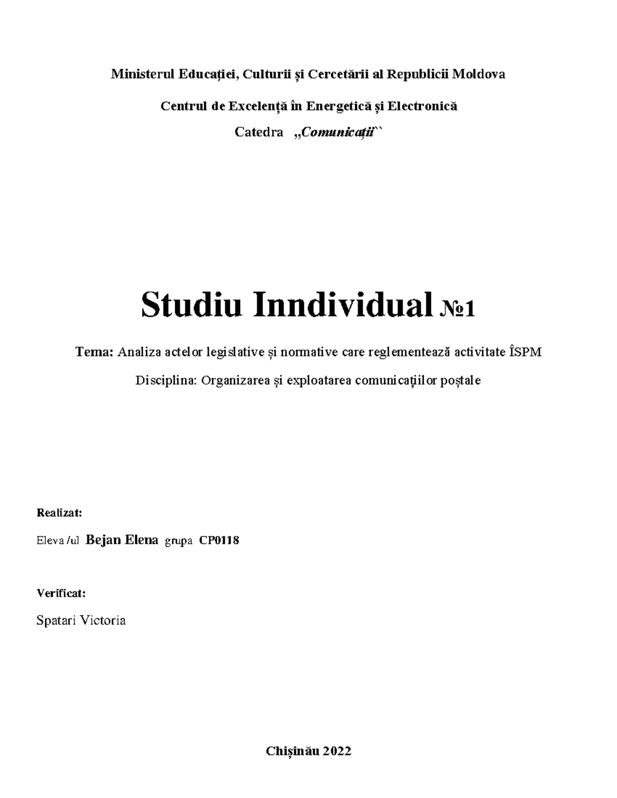 Studiu individual 1 - jkjdksjnjfhfiuhnfjed - Ministerul Educaţiei, Culturii și Cercetării al ...