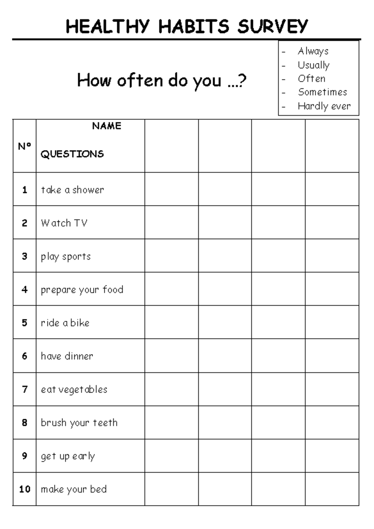 Healthy Habits Survey - HABITOS SALUDABLES - ingles, tarea - HEALTHY ...