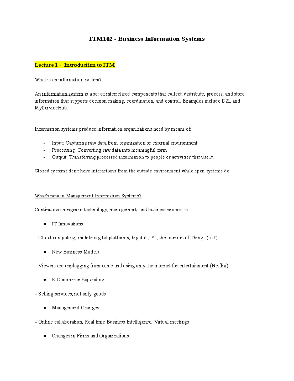 ITM102 notes - ITM102 - Business Information Systems Lecture 1 ...